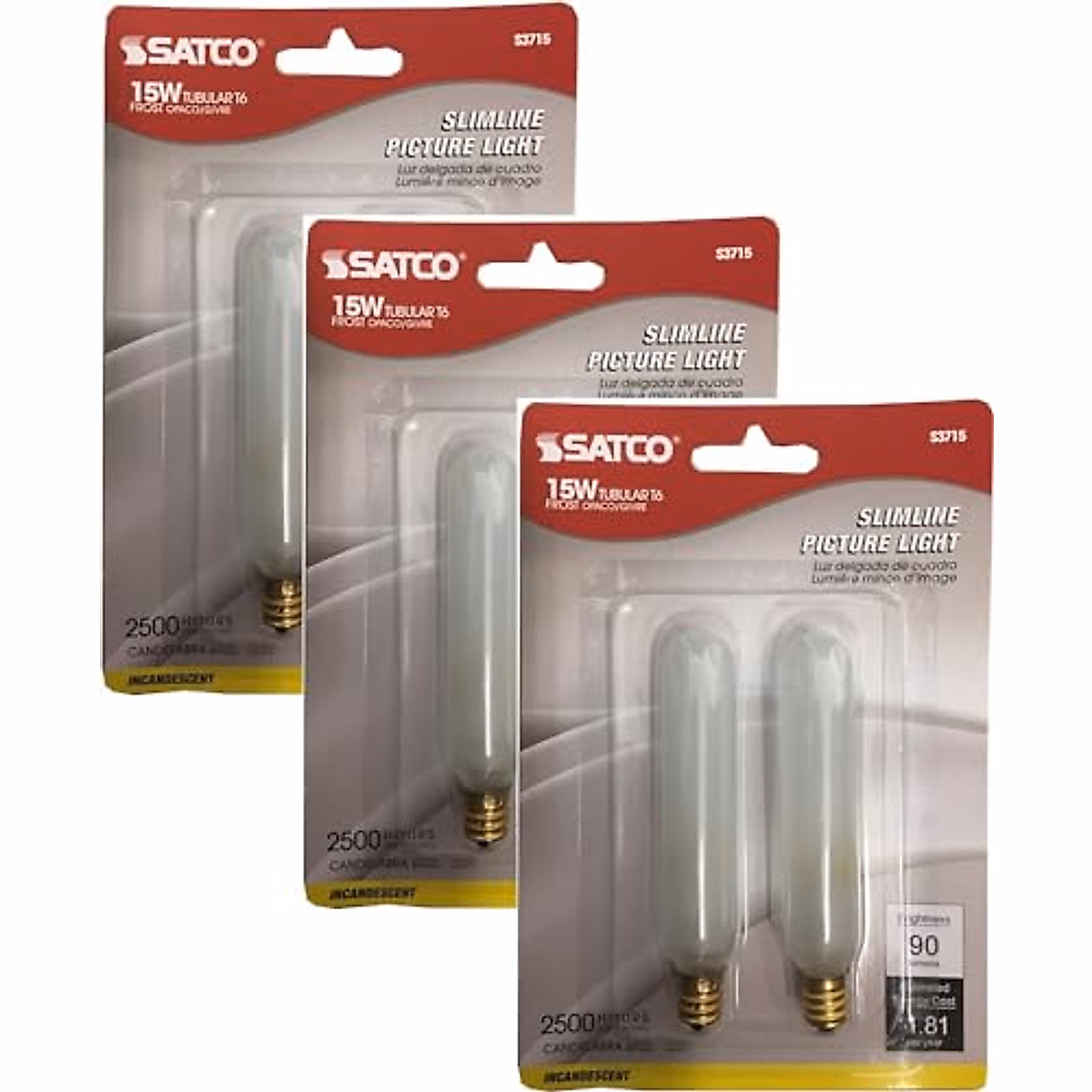 Satco S3715 Set of 2 Blister Packs Each with Two T6 Candelabra Tubular 15 Watt 120V Incandescent Dimmable Frosted Bulbs; Total of 4 Bulbs; C-5A Filament; E12 ANSI Base; 2700K Warm White