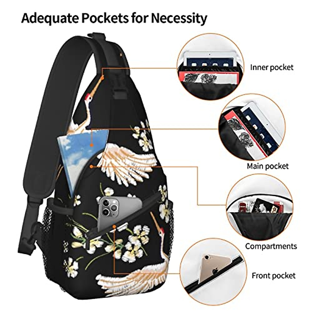Retro Japanese Embroidery Crane Cherry Blossom Cross Chest Bag Diagonally Sling Backpack Crossbody Shoulder Bag Travel Hiking Daypacks for Men Women