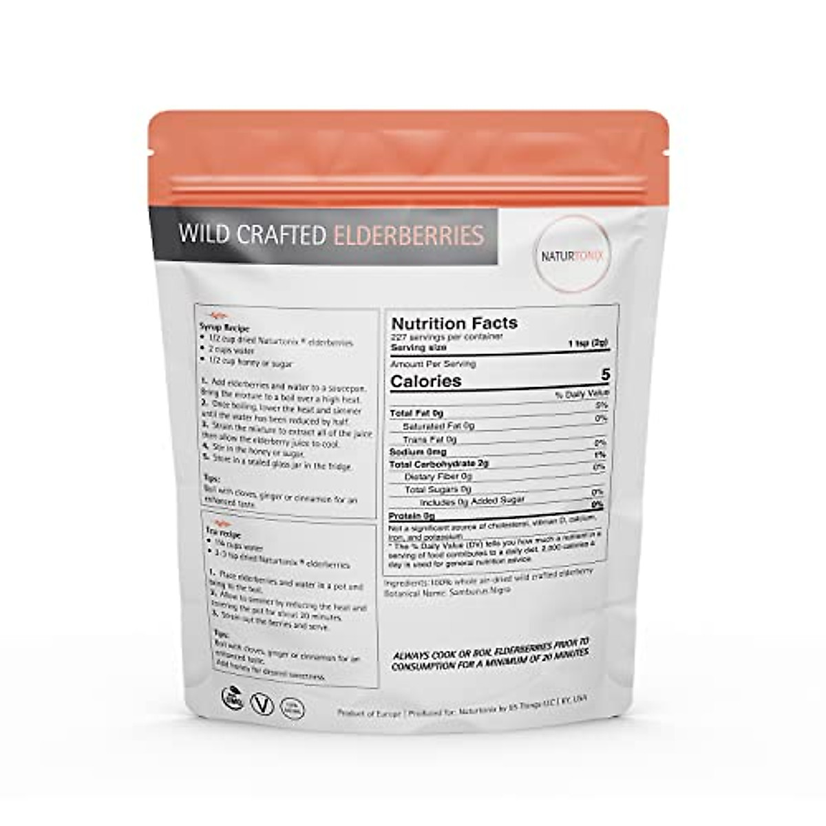 Naturtonix Whole Dried Elderberries, All Natural Immune Booster, Vegan, Gluten Free & Non-GMO, Vitamin C, Sambucus Nigra, For Making Tea, Syrup, Jam & Gummies 8 Ounce Pouch