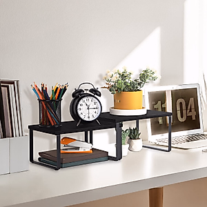 CADUKE Counter Shelf Organizer Set of 2, Wood Kitchen Cabinet Shelves, Expandable Cabinet Organizer, Stackable Countertop Storage Rack for Bathroom Pantry, Black