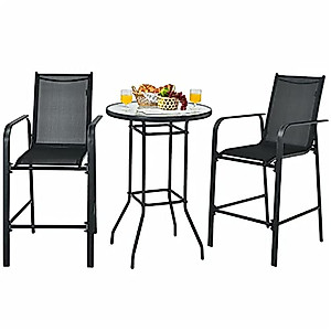 LUKEO 3 PCS Outdoor Patio Bar Table Stool Set Height Tempered Glass Top Suitable for Garden, Patio, Poolside, Backyard and More