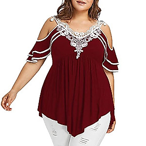 Women's Plus Size Tiered Lace Appliques Cold Shoulder V-Neck T-Shirt Tops Shirt(Red, XXXXXL)