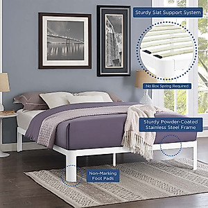 Modway Corinne Steel Modern Mattress Foundation Queen Bed Frame with Wood Slat Support in White