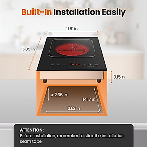 VEXMAECY Portable Countertop Burmer,Built-in Ceramic Cooktop,Electric Hot Plate Single Burner With Double Rings,Touch Electric Stove With Safety Lock,3H Timer,10 Power Levels For Home Cooking 1800W