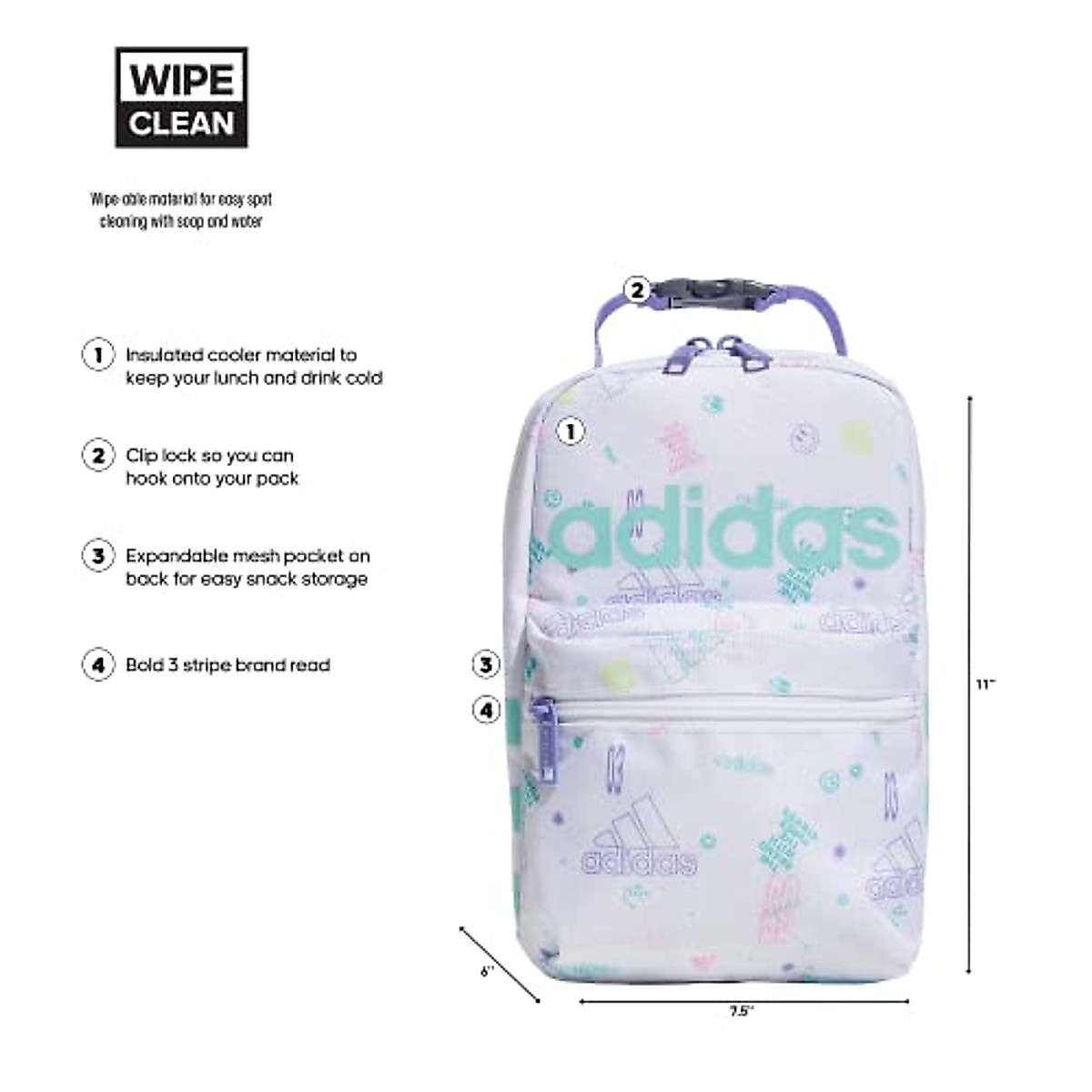 adidas Santiago 2 Insulated Lunch Bag, Icon Brand Love White/Flash Aqua Blue/Light Purple, One Size