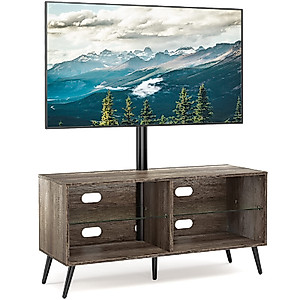 Rfiver Swivel Wood TV Stand with Mount for 32-70 Inch Flat Screen TVs, Entertainment Center with 4-Shelf Storage Cabinet for Media Console, Universal Floor TV Stand Cabinet for Home, Rustic Oak