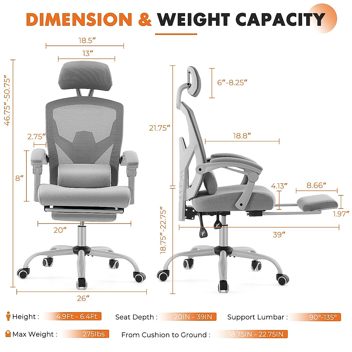 Sweetcrispy Office Computer Desk Chair, Ergonomic High-Back Mesh Rolling Work Swivel Chairs with Wheels, Comfortable Lumbar Support, Comfy Arms for Home, Bedroom, Study, Student, Grey
