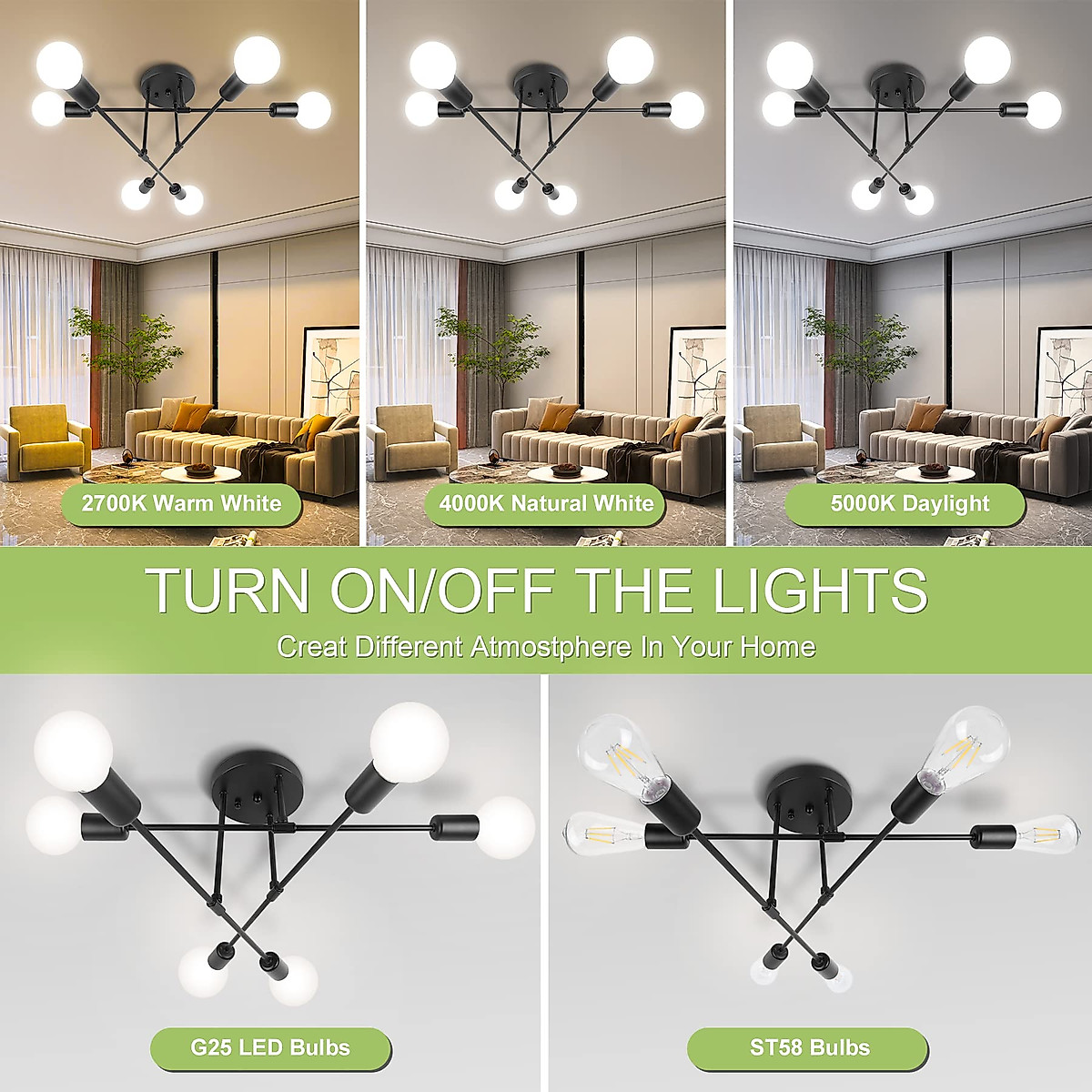 CANMEIJIA Modern Sputnik Chandelier Ceiling Light Fixture with 6 Lights Black Mid Century Ceiling Mount Lights Fixture for Bedroom, Dining Room, Living Room, Kitchen, E26 Base, Bulbs Not Included