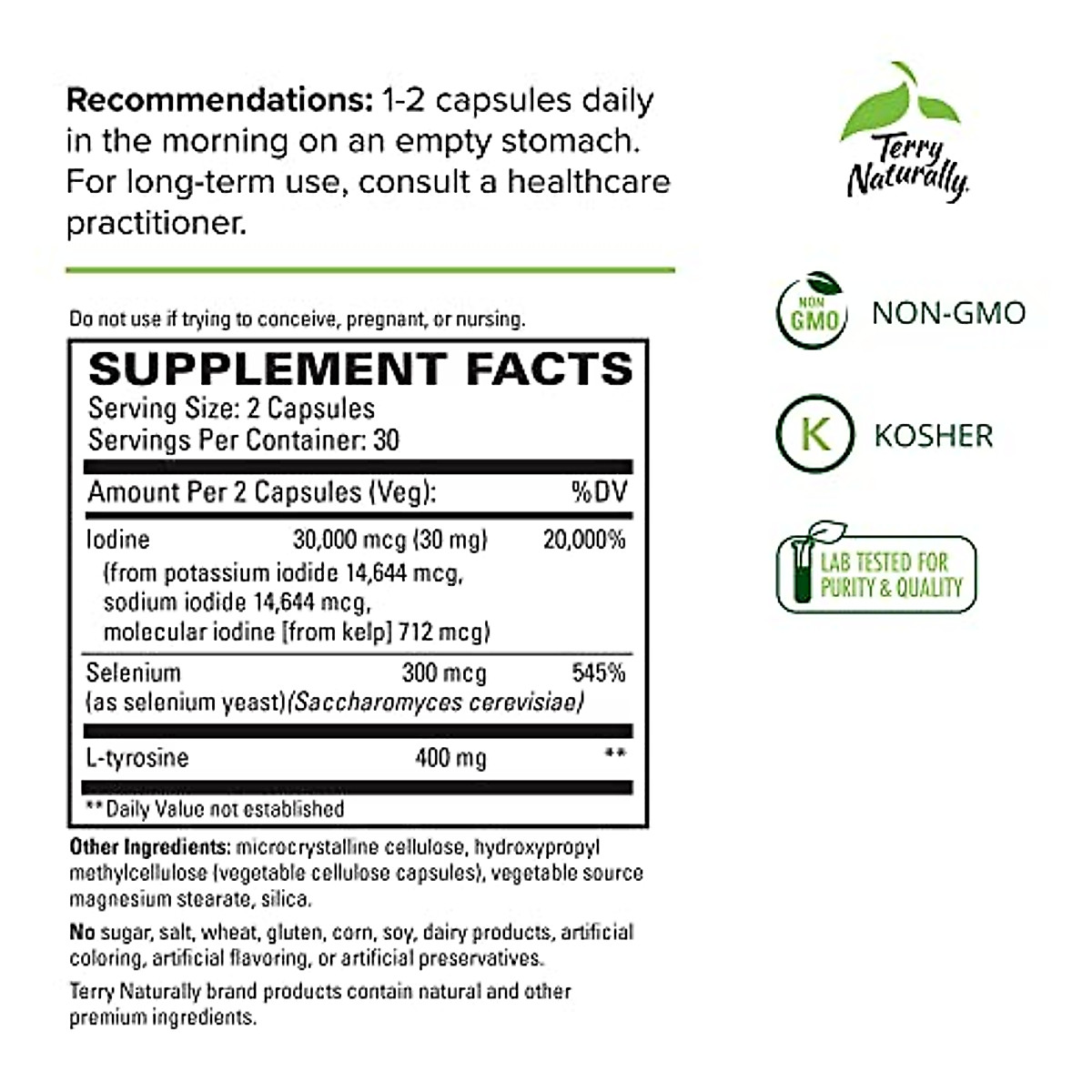 Terry Naturally Thyroid Care Plus - 60 Capsules - with Selenium, Iodine & L-Tyrosine - Non-GMO, Gluten Free, Kosher - 30 Servings