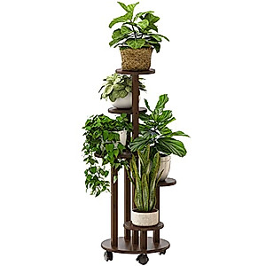 Indoor Plant Stand with Wheels, 5 Tiered , Bamboo Plant Stands for Indoor Plants Multiple, Corner Plant Stand for Window Garden Balcony Living Room Outdoor
