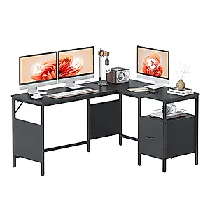 CubiCubi L Shaped Desk with Shelves, 59.1 Inch Corner Computer Desk, Home Office Gaming Writing Workstation with Large Non-Woven Drawer, Black