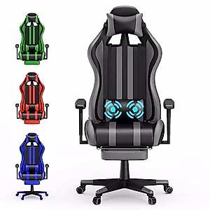 Soontrans Grey Gaming Chair with Footrest,Racing Ergonomic Massage Gaming Chairs for Adults Work in Office,Height Adjustable Gamer Chair,360° Swivel PC Computer Chair,Reclining Silla Gamer