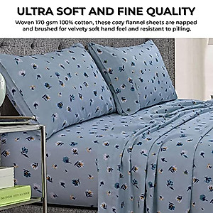 Tribeca Living Floryn 170-GSM Ultra-Soft Flannel Extra Deep Pocket Sheet Set, Oversized Flat, Queen, Light Blue (FLORYNSHEQUBL)