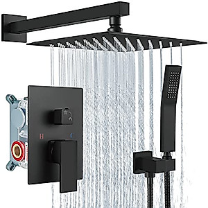 Aolemi Matte Black 10 Inch Rainfall Shower System Shower Head Combo Set with Handheld Shower Rough-In Valve Included Bathroom Shower Wall Mount Mixer Faucet