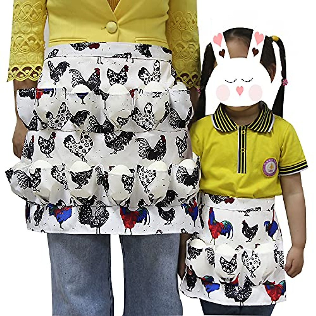 longsen Egg Apron 2 Pack(Adult 12 Pockets + Child 3 Pockets), Gathering and Collecting Chicken Duck Goose Egg, Suitable for Housewife Farmhouse Kitchen Restaurant Parent-Child Activities, Rooster, Hen