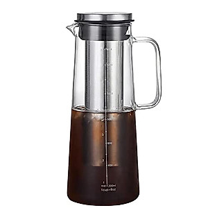 Cold Brew Coffee Maker with Lid and Handle 47oz / 1.4 Liter, Durable Glass Pitcher Carafe, Stainless Steel Mesh Filter Infuser, Dishwasher Safe, for Iced Coffee, Cold Brew, Juice, Tea & More