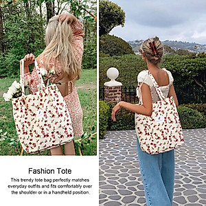 Corduroy Tote Bag for Women,Travel Reusable Grocery Shopping Shoulder Bag with Inner Pocket for Work Beach Travel and Shopping Grocery(Beige, Rose)