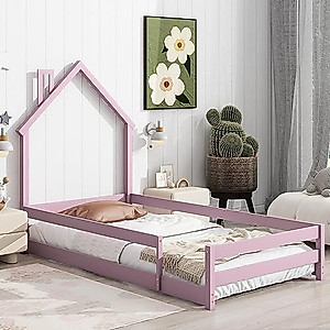 Twin Size Platform Bed, Wooden Platform Bed Frame with House-Shaped Headboard, Floor Bed with Fences for Kids Boys Girls Bedroom (Pink 01)