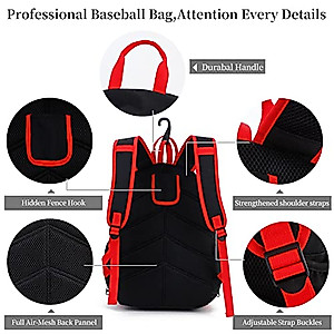 Baseball Bag Softball Bag, Baseball Backpack for Youth Boys and Adult, Bat Bag with Shoes Compartment & Fence Hook, With Hidden External Helmet Holder for Baseball, T-Ball & Softball Equipment & Gear (A-Black)