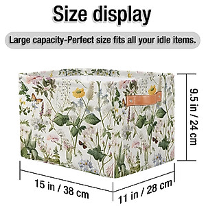 Bardic Large Foldable Storage Baskets with Handles, Wild Floral Fabric Collapsible Storage Bin Organizer Bag for Girls Storage Toy Home Pet Closets Offices Bedrooms