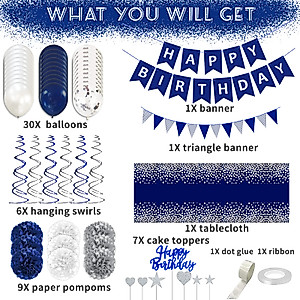 Navy Blue Silver Birthday Decorations for Men, Blue Birthday Party Supplies with Tablecloth Happy Birthday Banner Confetti Balloons Paper Pom Poms Hanging Swirls Cake Toppers