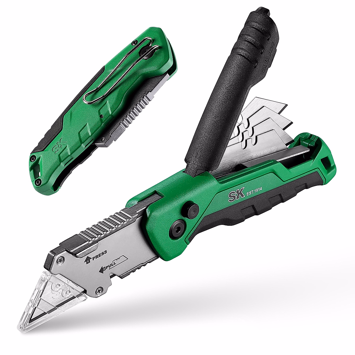 SK Folding Utility Knife with Additional Wire Cutter, Quick Change Box Cutter, Blade Storage in Handle, Extra 4 SK2M Blades Included
