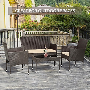 FDW Patio Furniture Set 4 Pieces Outdoor Rattan Chair Wicker Sofa Garden Conversation Bistro Sets for Yard (Brown)