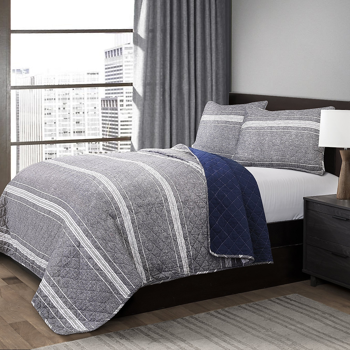 Lush Decor Marlton Stripe Quilt | Reversible Pattern 3 Piece Bedding Set - King - Gray