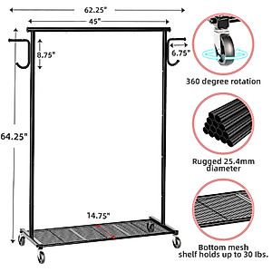Ekisemio Clothing Garment Rack on Wheels, Heavy Duty Clothes Organizer with Bottom Mesh Shelf for Hanging Clothes, Side with 2 Hooks, Black