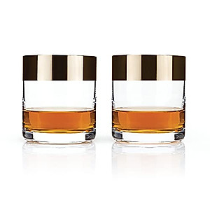 Viski Irving Bronze Rim Crystal Lowball Tumblers Set of 2 - Premium Crystal Clear Cocktail Glass Bronze Rimmed Glassware, Stylish Lowball Whiskey Glass Gift Set, 8 oz