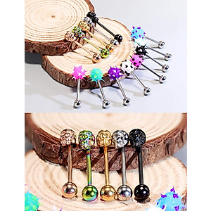 Prjndjw 14G Tongue Rings 13Pcs Surgical Steel Tongue Rings Skull Tongue Rings Koosh Spiky Tongue Rings Silicone Soft Spike Ball Tongue Piercing Jewelry Women Men