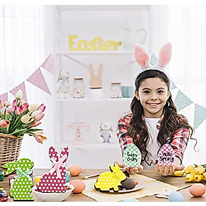 Ahzemepinyo 6 Pieces Easter Bunny Egg Table Wooden Sign Hello Spring Tiered Tray Decorations Double Printed Buffalo Plaid Bunny Egg Wood Tabletop Decoration for Spring Easter Farmhouse Tray Decor