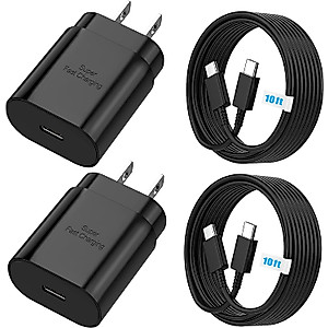 Super Fast Charger 25 Watt, for Samsung Charger USB C Block Android Phone Type C Plug Cable Cord 10ft Quick Charging for Galaxy S24/S24 Plus/S24 Ultra/S23/S22/S21 Ultra/Z Fold 3/4/5/iPhone 15-2Pack