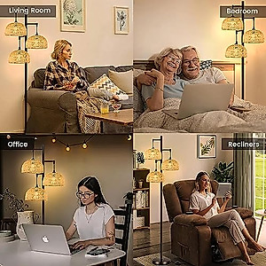 QIYIZM Floor Lamp for Living Room,Bedroom,3-Lights Boho Rattan Floor Lamps,Tree Farmhouse Industrial Black Standing Lamp Wicker Rustic Adjustable Tall Lamp,Woven Bamboo LampShade Floor Light Bohemian