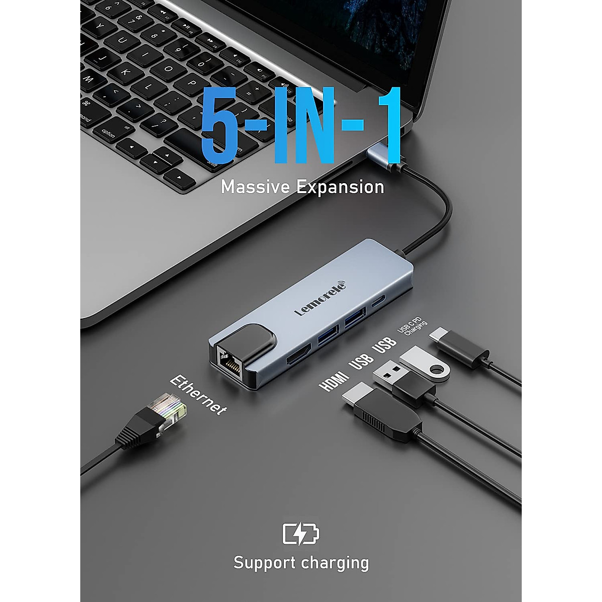 USB C Hub Adapter, Lemorele 5-in-1 USB C Dongel Multiport Adapter with 4K HDMI, 1000M Ethernet, 2 USB 2.0 Ports, 100W USB C PD Charging for MacBook M1 Air/Pro, iPad M1, Switch, XPS15, Windows