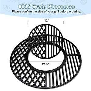 Adviace 21.5 Inch 8835 Cast Iron Grill Cooking Grates Replacement for 22.5" Weber Master-Touch, 22.5" Charcoal Smoker, Weber 22 Inch Kettle, Premium 22 Inch Charcoal Grill, 22" Weber Performer Premium