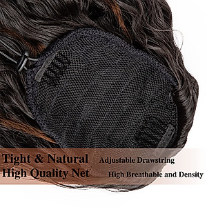 MOTEFOUS Long Wavy Drawstring Ponytail Extension Synthetic Natural Black Curly Wavy Ponytail Hairpieces for Women 24 INCH Wavy Drawstring Ponytail for Black Women （1B）
