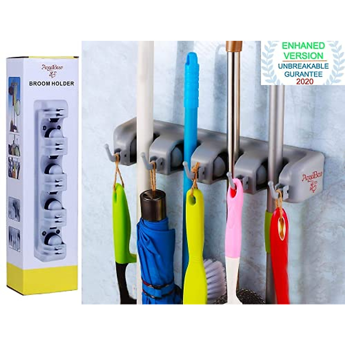 Angel Bear Mop Holder and Broom Holder, 4 Slot Position with 5 Hooks Garage Storage Holder Wall Mounted, Plastic, Multicolour, Standard