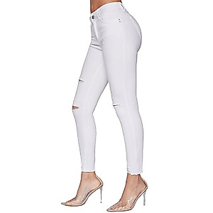 YMI Junior Womens Wannabettabutt Mid-Rise Sustainable Distressed Ankle Denim Jeans (White Rips, 11)