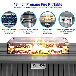 Outdoor Propane Fire Pit Table - CSA/ETL Certified 50,000 BTU Pulse Ignition Weatherproof Rectangle Propane Gas Fire Table w/Adjustable Flame - Glass Rocks Wind Guard, Black - SereneLife SLFPSX55