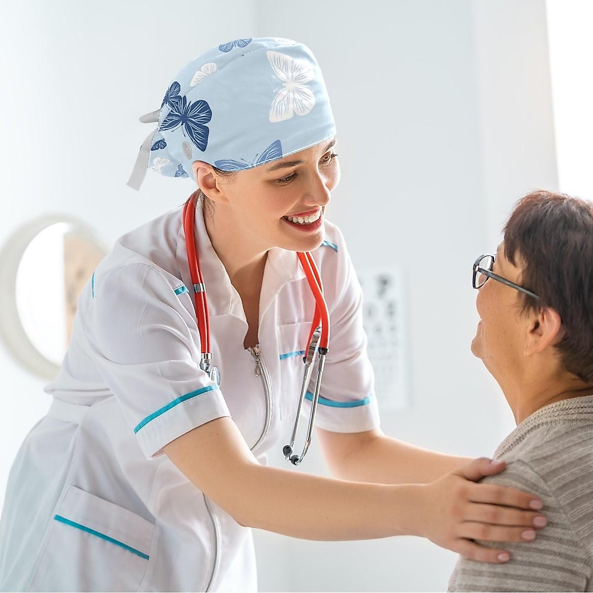 Colored Butterflies Scrub Cap, Adjustable Working Cap with Button, Bouffant Caps with Bow Hair Scrunchy