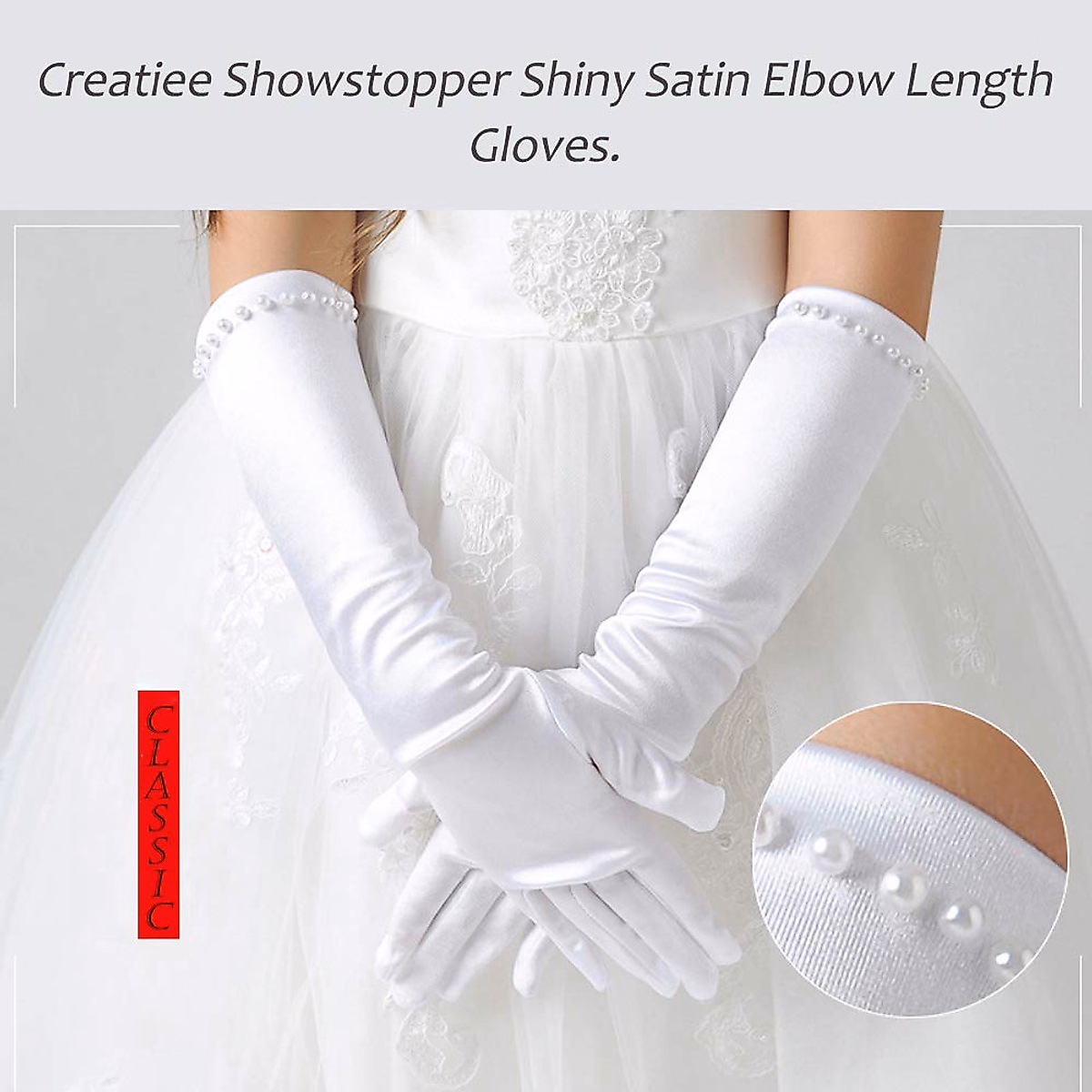 2 Pair Little Girls Long Princess Costume Glove, Creatiee White Dress Up Beading Bows Glove for Kids Party, Wedding, Birthday, Holiday, Formal Pageant (White)