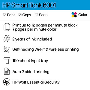 HP Smart -Tank 6001 Wireless All-in-One Cartridge-free Ink Printer, up to 2 years of ink included, mobile print, scan, copy (2H0B9A)