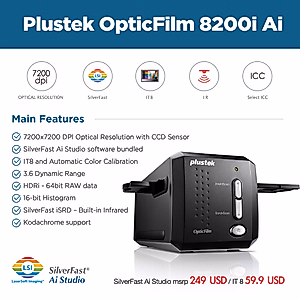Plustek OpticFilm 8200i AI - 35mm Film & Slides Scanner. IT 8 Calibration Target + SilverFast Ai Studio 8.8, 7200 dpi Resolution 64Bit HDRi , Mac/PC