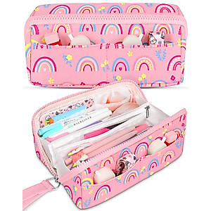 LISEVO Aesthetic Cute Large Pencil Case, Unique Big Capacity Colored Rainbow Pencil Cases Pouch School Office Stationery Organizer Bag for Girls Women with Compartments & Zipper