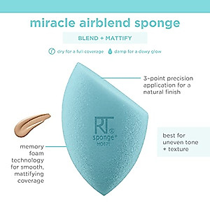 Real Techniques Miracle Airblend Sponge, Matte Makeup Blending Sponge, For Liquid, Cream, & Powder Products, Offers Medium To Full Coverage, Foundation Sponge, Latex-Free Foam, 1 Count