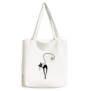 Tilt Head Black Cat Halloween Animal Outline Tote Canvas Bag Shopping Satchel Casual Handbag