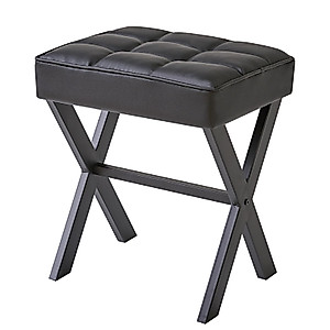 IBUYKE Square Makeup Stool with X-Leg Foot Rest, PU Footrest Stool, Ottoman Seat Vanity Stool, Multi-Use as Small Side Table, for Bedroom, Living Room, Black LG-71B
