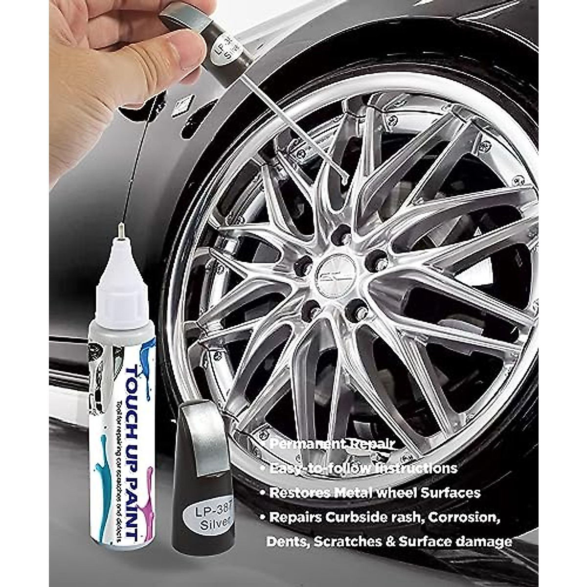 YAKEFLY Car Touch Up Paint Pen - Two-In-One Wheel Scratch Fix, Quick & Easy Rim Scratch Repair (Silver)