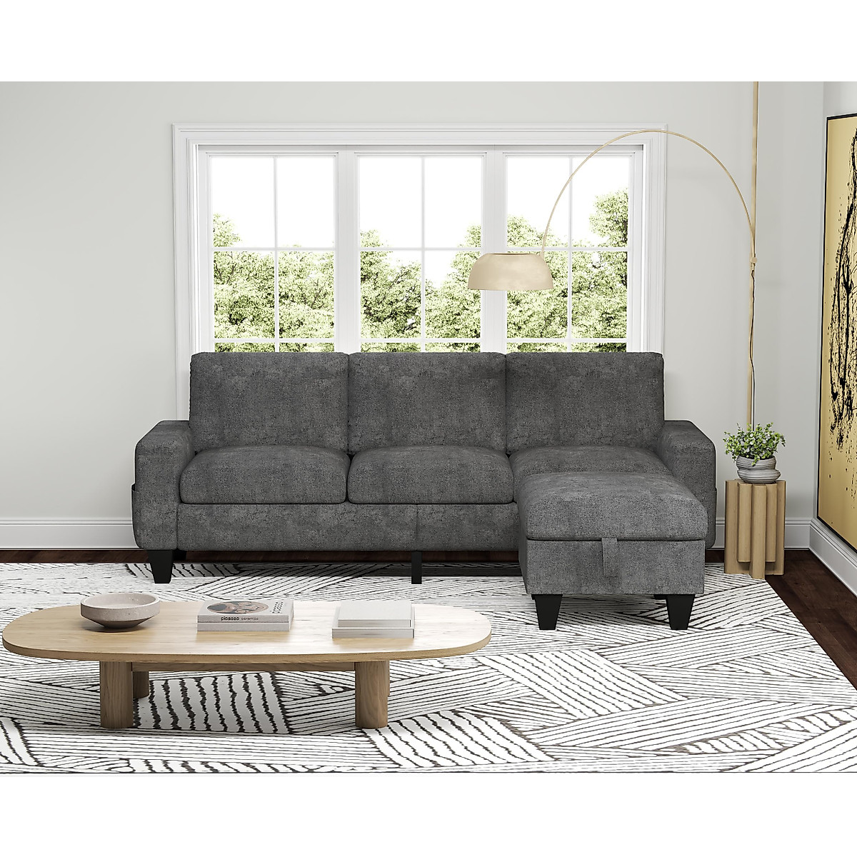 Yattem Convertible Sectional Sofa Couch：Modern Snowflake Velvet L-Shaped Sofa Couch with Reversible Storage Ottoman&Storage Pockets - 3 Seat Sofa Couch for Living Room/Apartment/Studio/Small Space